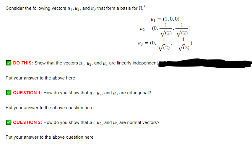 Solved Consider the following vectors u1,u2, and u3 that | Chegg.com