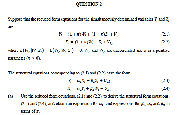 QUESTION 2 Suppose that the reduced form equations | Chegg.com