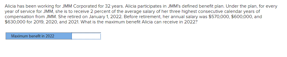 Solved Alicia has been working for JMM Corporated for 32 | Chegg.com