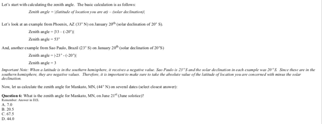 Solved Let's start with calculating the zenith angle. The | Chegg.com