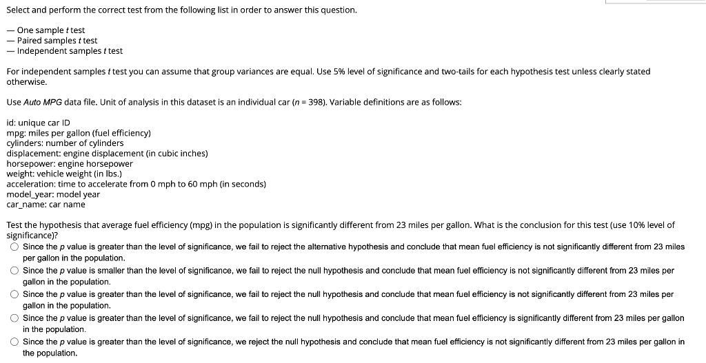 Use Auto MPG data file. Unit of analysis in this | Chegg.com