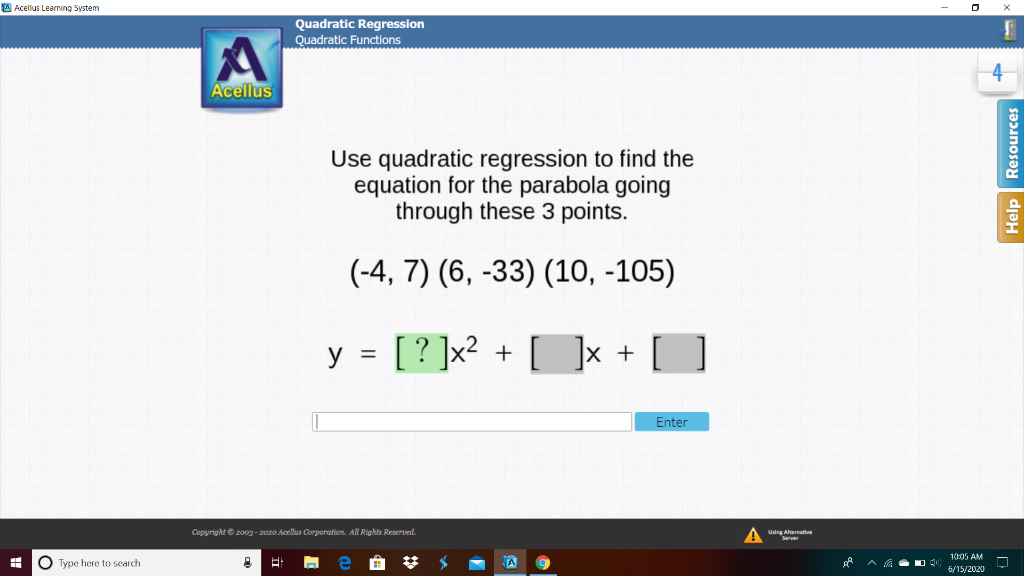 Solved Acellus Learning System Quadratic Regression | Chegg.com