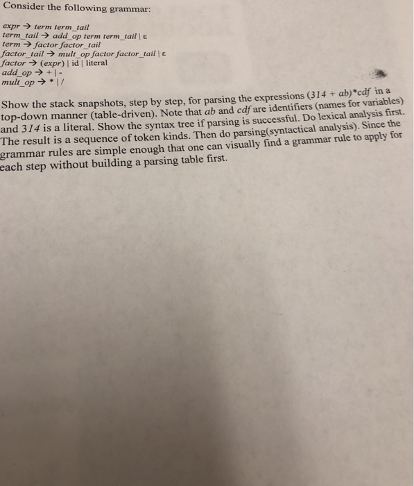 Solved Consider the following grammar: expr term term tail | Chegg.com