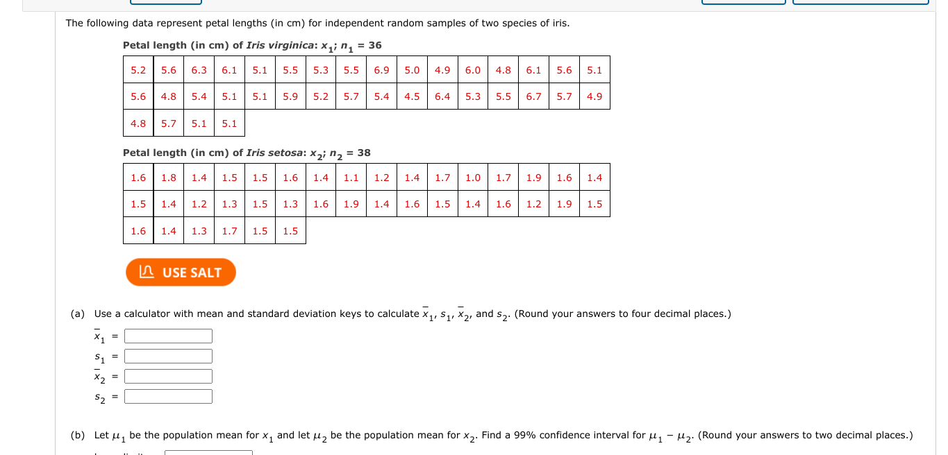 Solved The following data represent petal lengths (in cm ) | Chegg.com