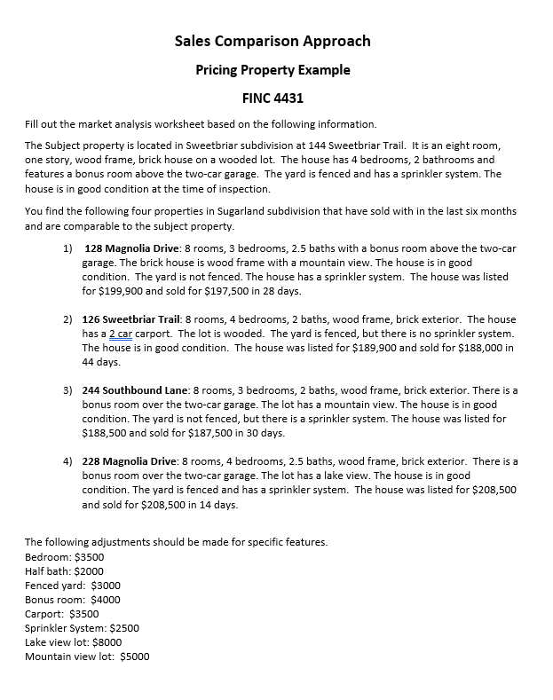 Sales Comparison Approach Pricing Property Example | Chegg.com
