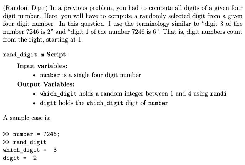 Solved (Random Digit) In a previous problem, you had to | Chegg.com