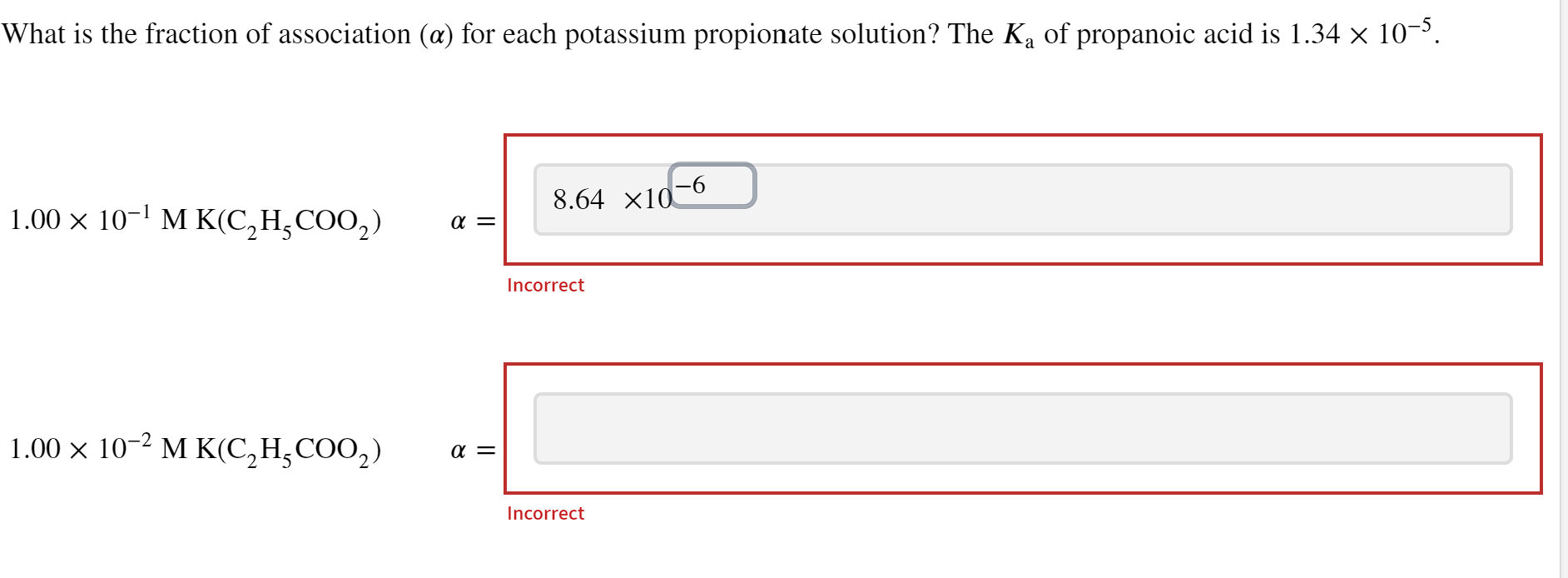 Solved What is the fraction of association (α) for each | Chegg.com