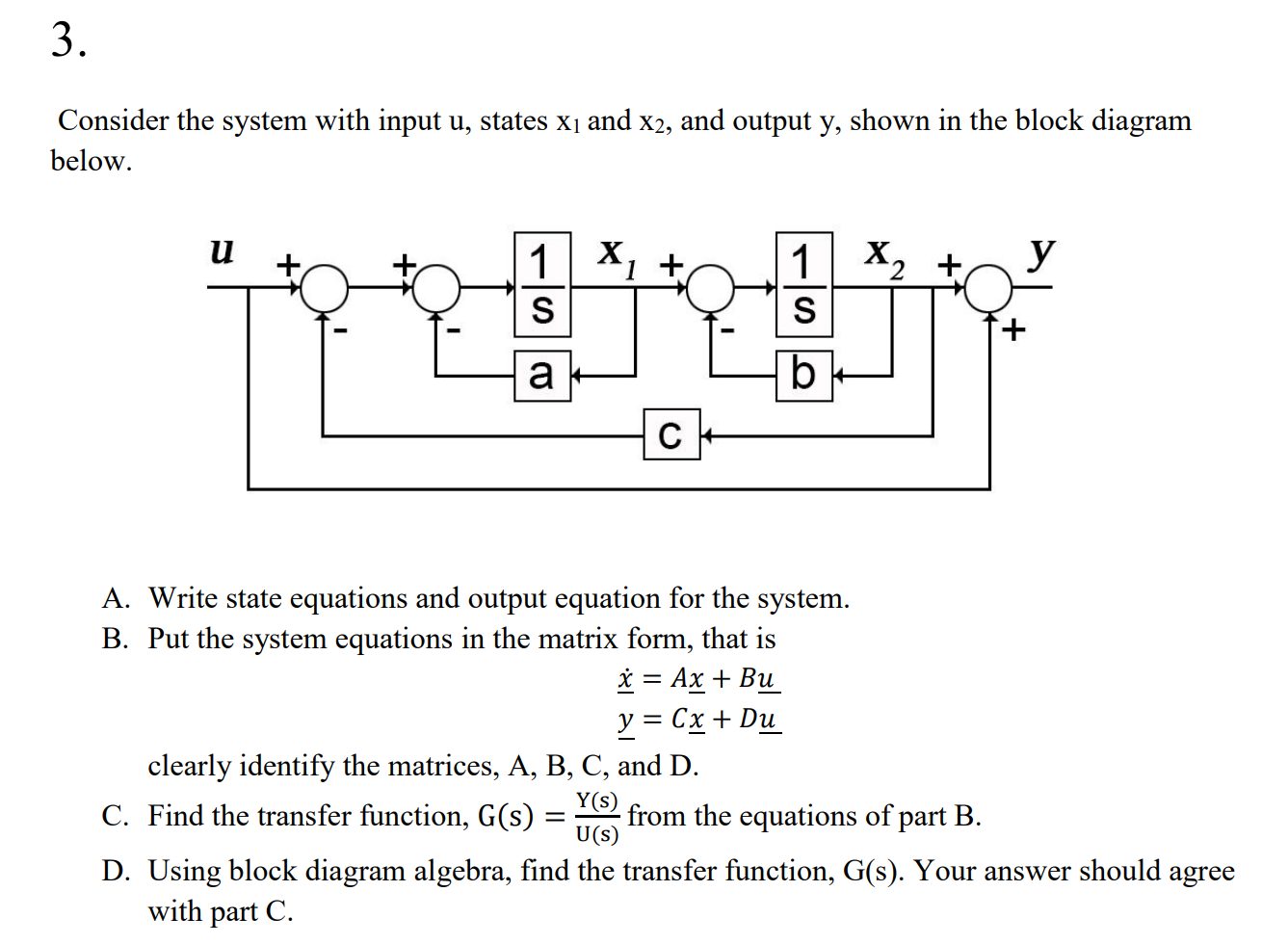 Solved 3 Consider The System With Input U States X1 And X2
