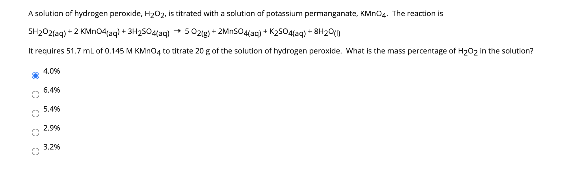 Solved A solution of hydrogen peroxide, H2O2, is titrated | Chegg.com