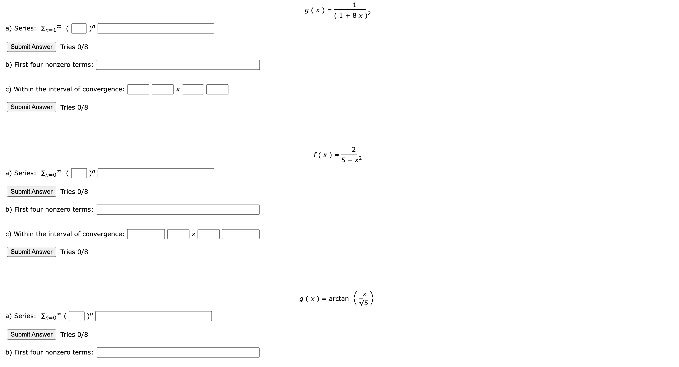Solved g(x)=1(1+8x)2a) ﻿Series: Tries 08b) ﻿First four | Chegg.com