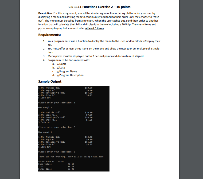 Solved CIS 1111 Functions Exercise 2 - 10 points | Chegg.com