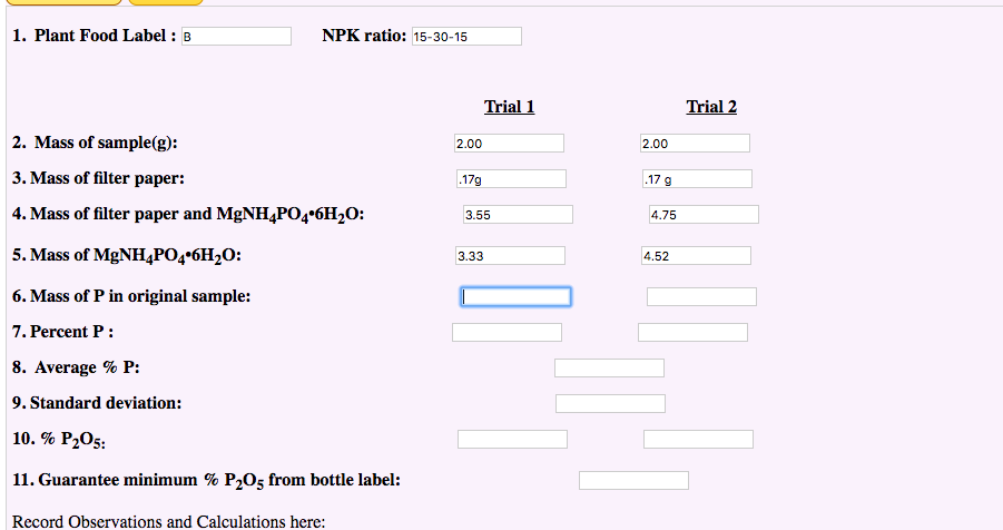 Solved 1. Plant Food Label : B NPK ratio: 15-30-15 Trial 1 | Chegg.com