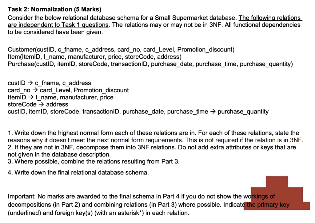 Task 2: Normalization (5 Marks) Consider the below | Chegg.com