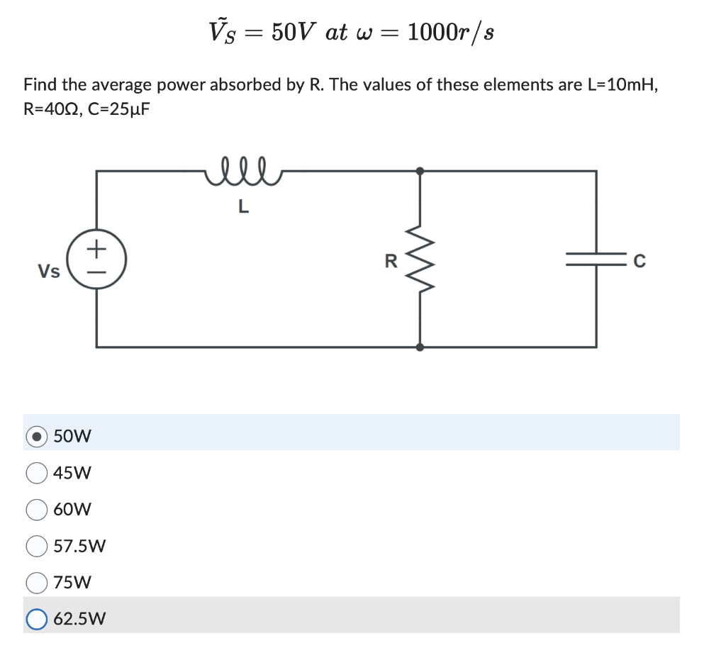 Solved V~S=50V at ω=1000r/s Find the average power absorbed | Chegg.com