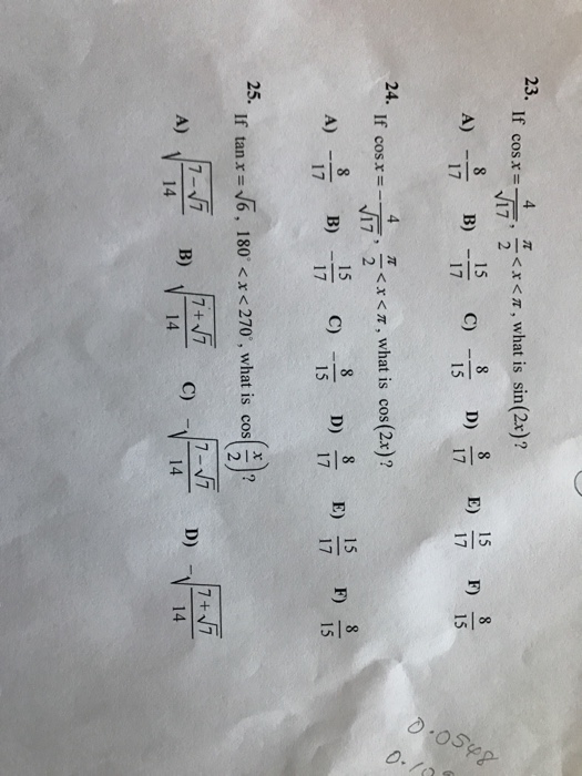 Solved If cos x = 4/Squareroot 17, pi/2