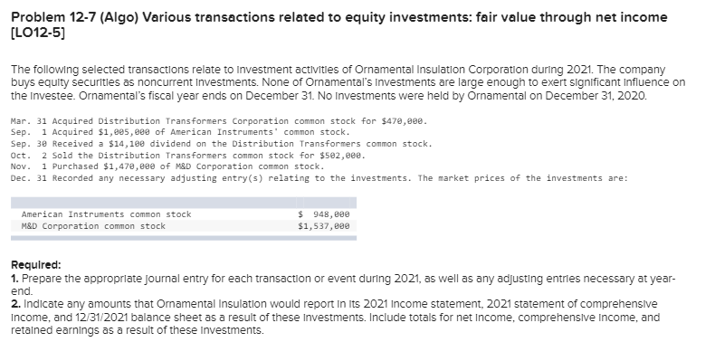 Solved Problem 12-7 (Algo) Various transactions related to | Chegg.com