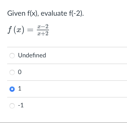 Solved Given f(x), evaluate f(−2) f(x)=x+2x−2 Undefined 0 1 | Chegg.com