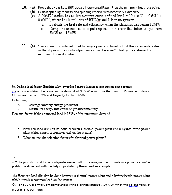 Solved 10. (a) Prove that Heat Rate (HR) equals Incremental | Chegg.com
