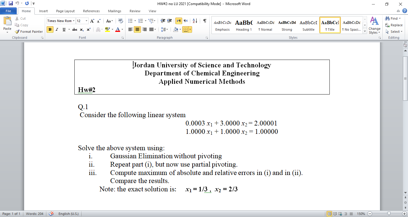 Solved w HW#2-no LU 2021 Compatibility Mode] - Microsoft | Chegg.com