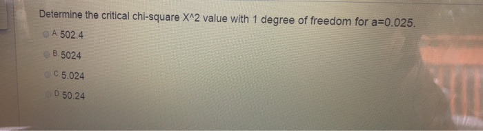 Solved Determine the critical chi-square X 2 value with 1 | Chegg.com
