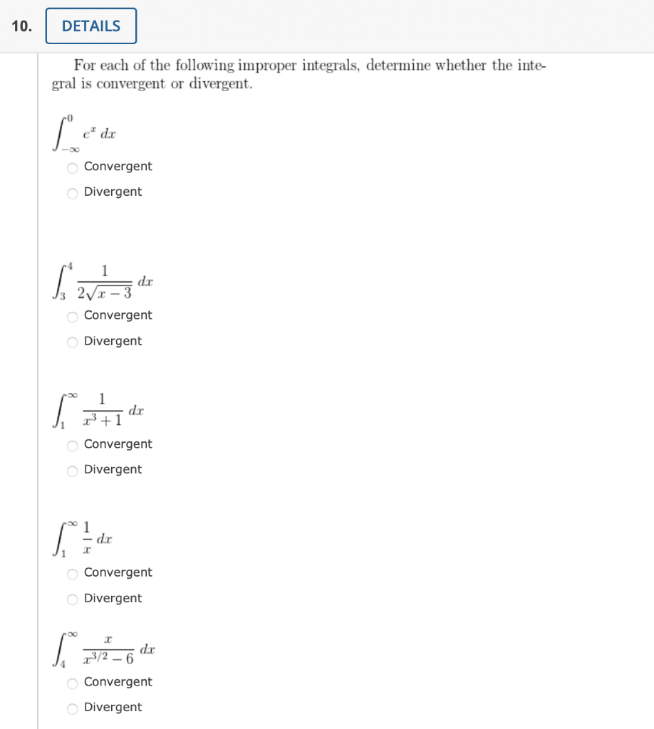 Solved 10. DETAILS For each of the following improper | Chegg.com