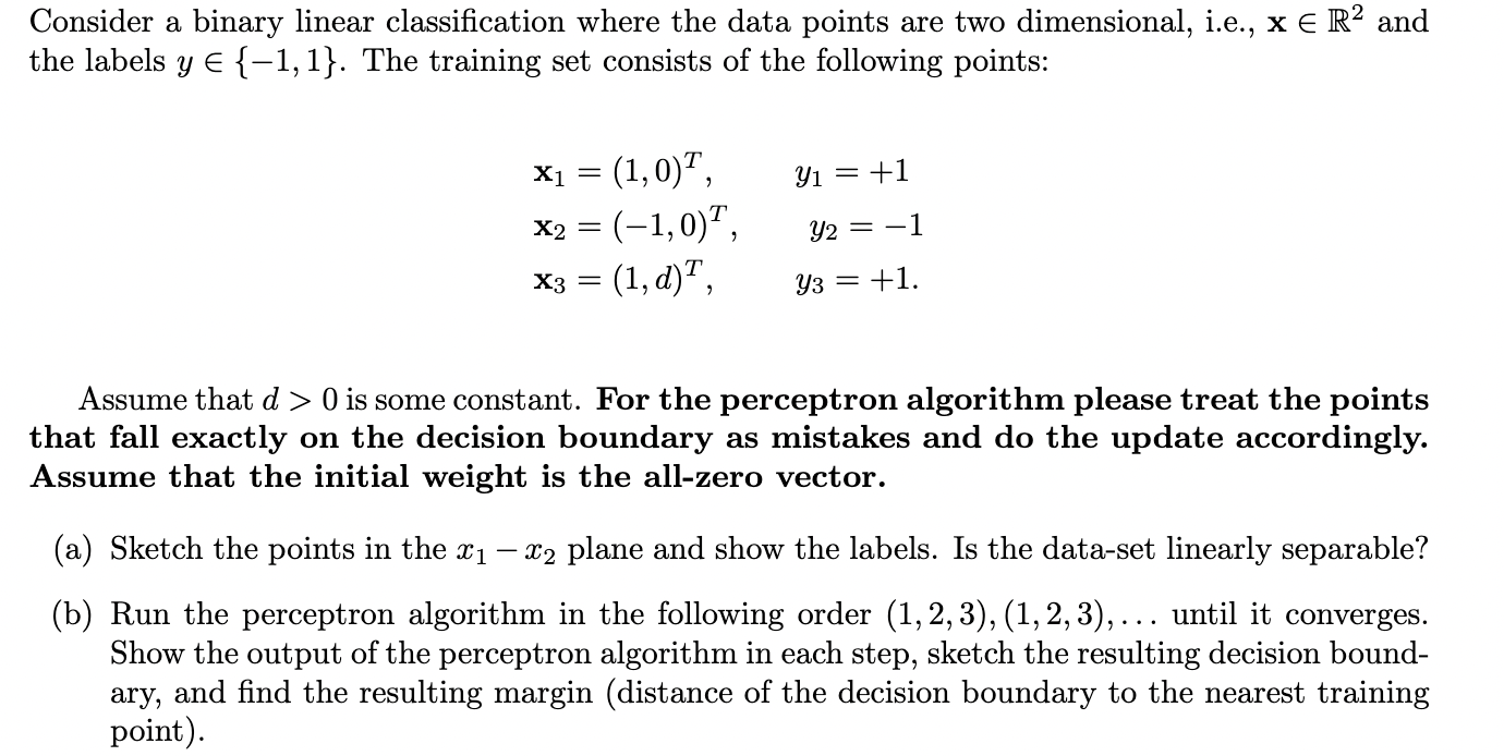 Consider a binary linear classification where the | Chegg.com