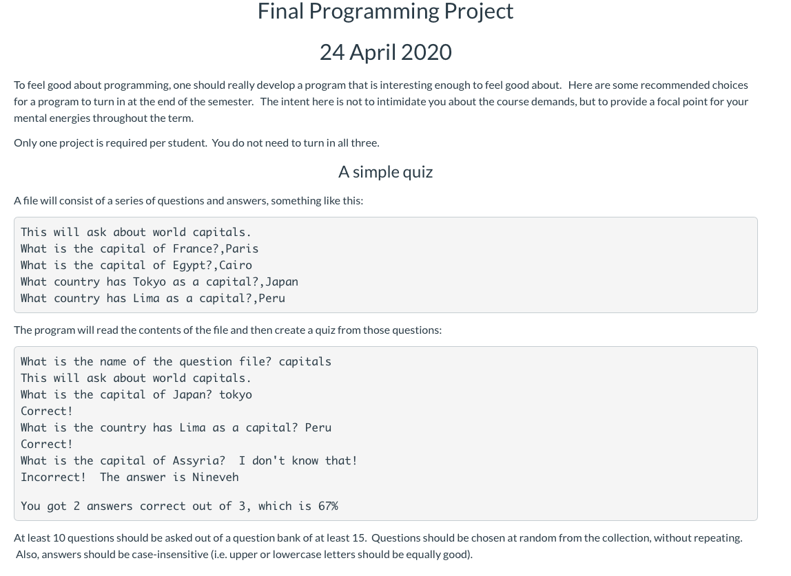 Final Programming Project 24 April 2020 To feel good | Chegg.com