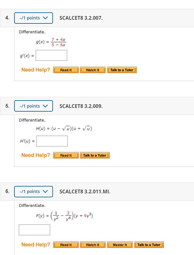 Solved 4. -11 points v SCALCET8 3.2.007. Differentiate. 9(x) | Chegg.com Solved 4. -11 points v SCALCET8 3.2.007. Differentiate. 9(x) | Chegg.com