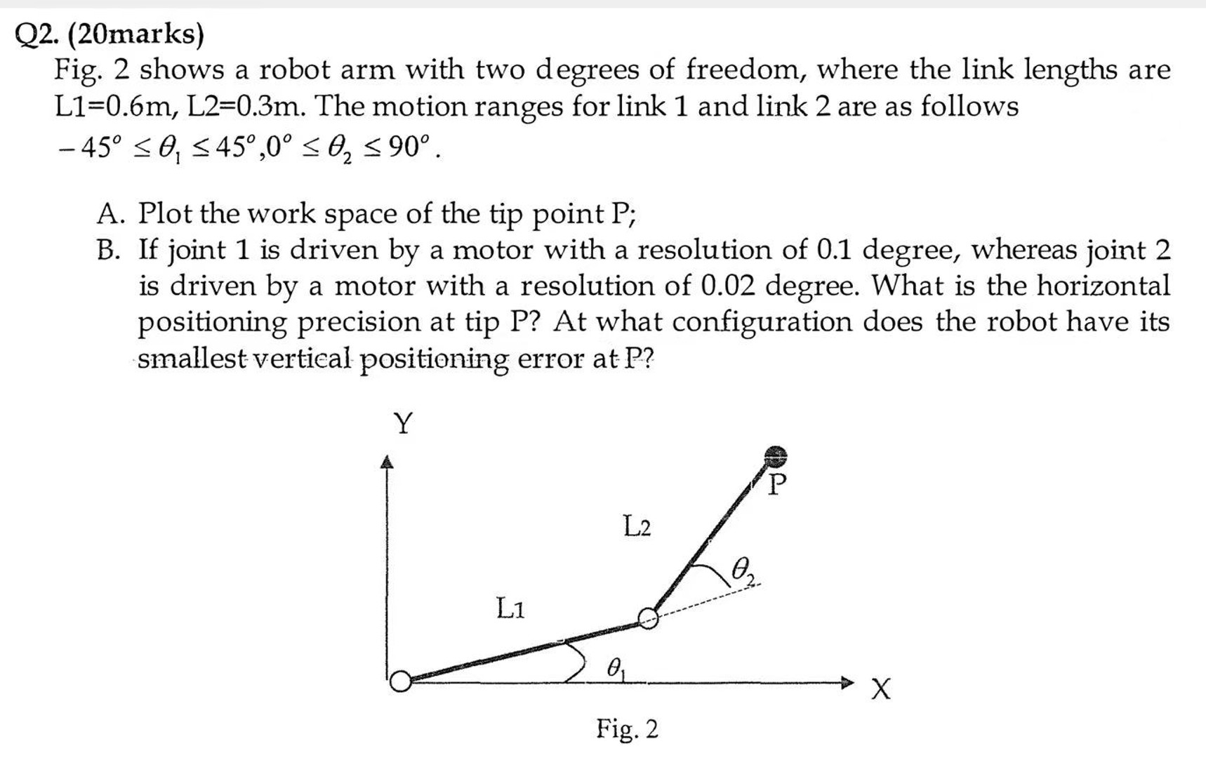 Solved Q2. (20marks)Fig. 2 ﻿shows a robot arm with two | Chegg.com