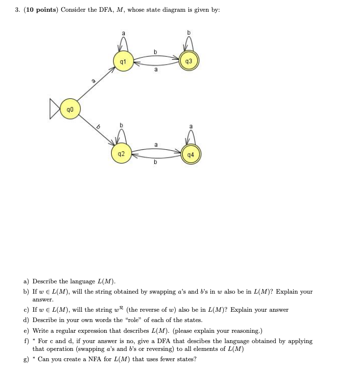 Solved 3. (10 points) Consider the DFA, M, whose state | Chegg.com