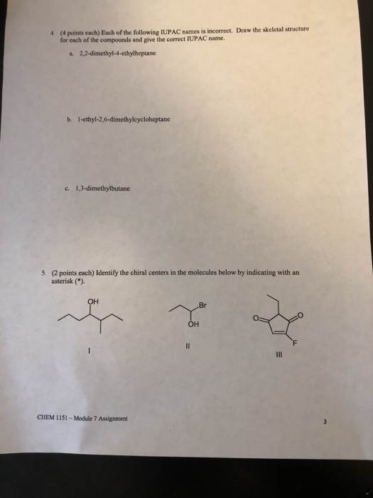 Solved 4. (4 points cach) Each of the following IUPAC names | Chegg.com