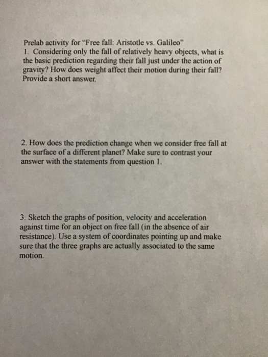 Solved Prelab activity for "Free fall: Aristotle vs. | Chegg.com