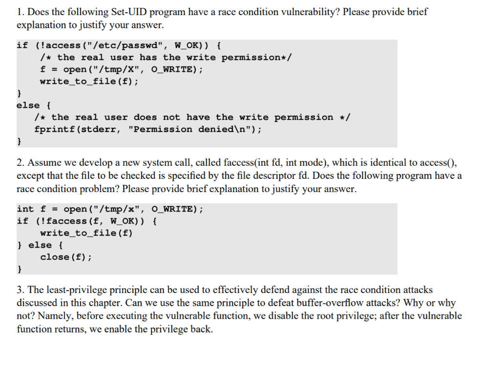 1. Does the following Set-UID program have a race | Chegg.com