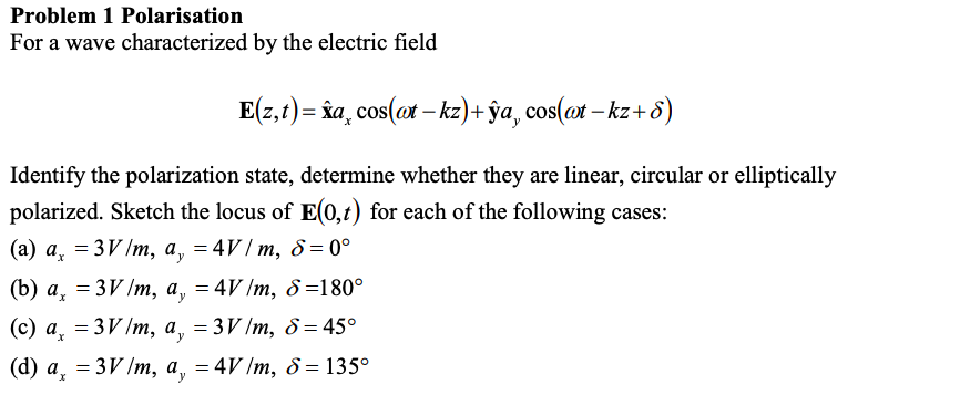 Solved Problem 1 Polarisation For a wave characterized by | Chegg.com