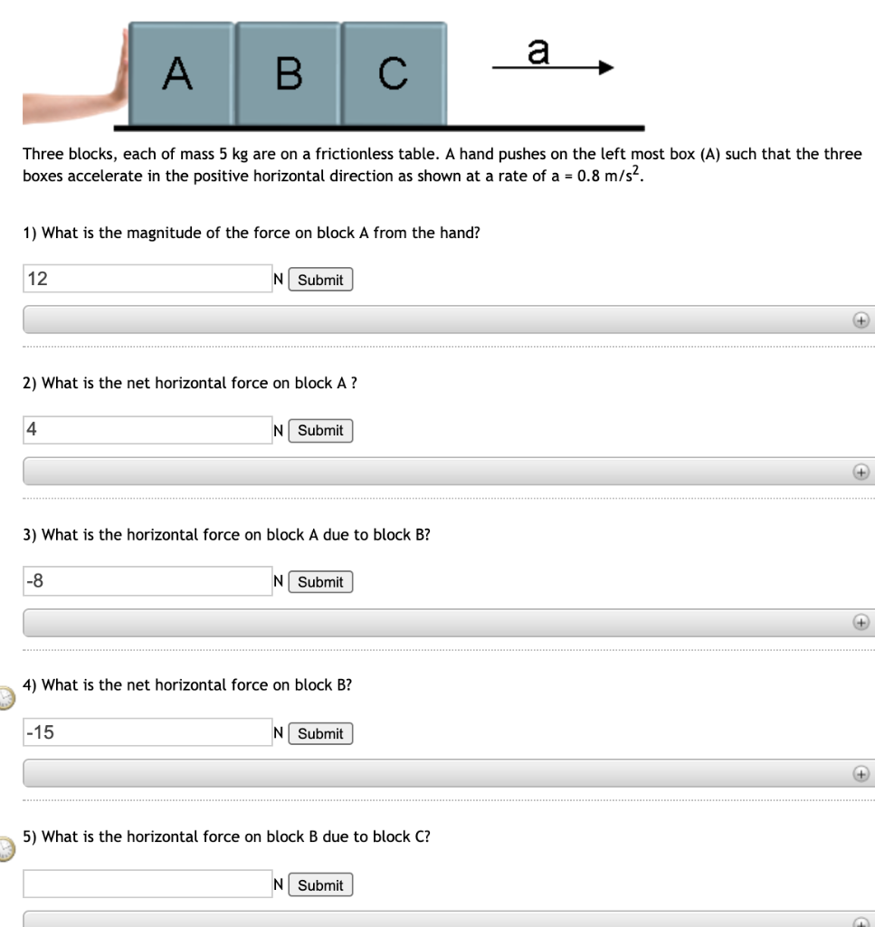 Solved a A Α. B с Three blocks, each of mass 5 kg are on a | Chegg.com