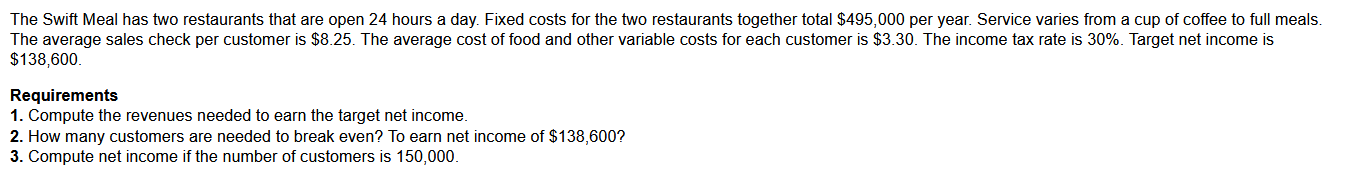 Solved The Swift Meal has two restaurants that are open 24 | Chegg.com