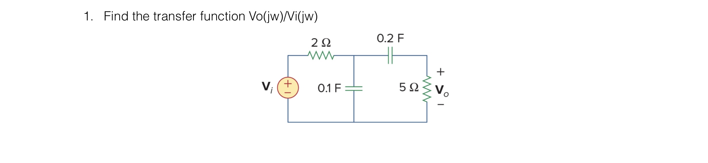 Solved 1. Find the transfer function Vo(jw)/Vi(jw) | Chegg.com