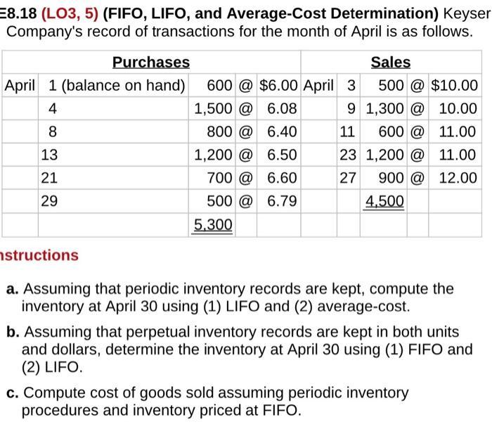 Solved E8.18 (LO3, 5) (FIFO, LIFO, and Average-Cost | Chegg.com