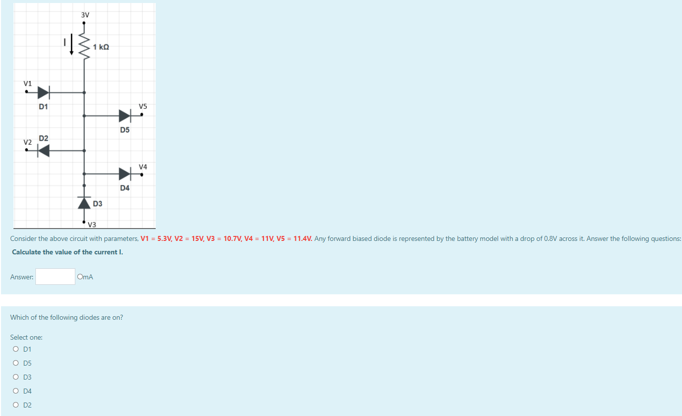 Solved 3V 1 ΚΩ V1 D1 V5 D5 D2 V4 D4 D3 V3 Consider the above | Chegg.com