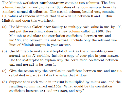 The Minitab worksheet numbers.mtw contains two | Chegg.com