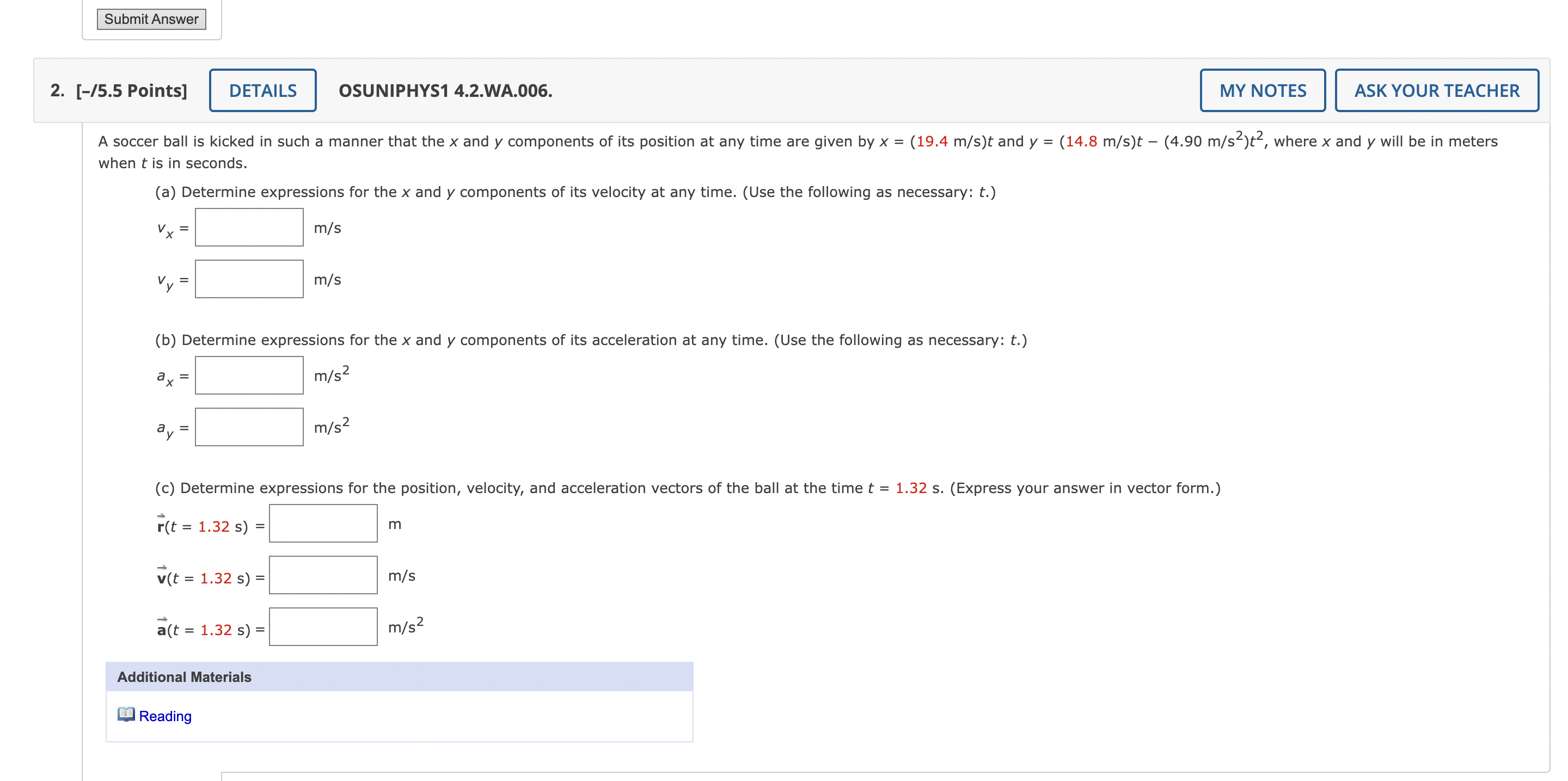 Solved .5 Points] OSUNIPHYS1 4.2.WA.006. vhen t is in | Chegg.com