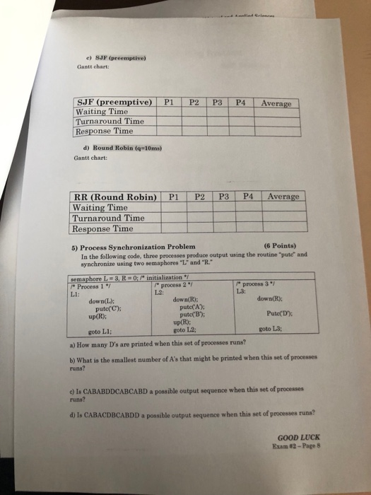 Solved e) SJF (preemptive) Gantt chart: SJF (preemptive) P1 | Chegg.com