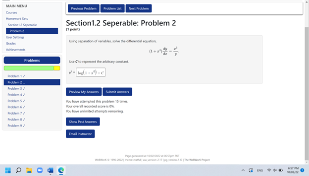 Solved Section1.2 Seperable: Problem 2 (1 point) Uhing | Chegg.com