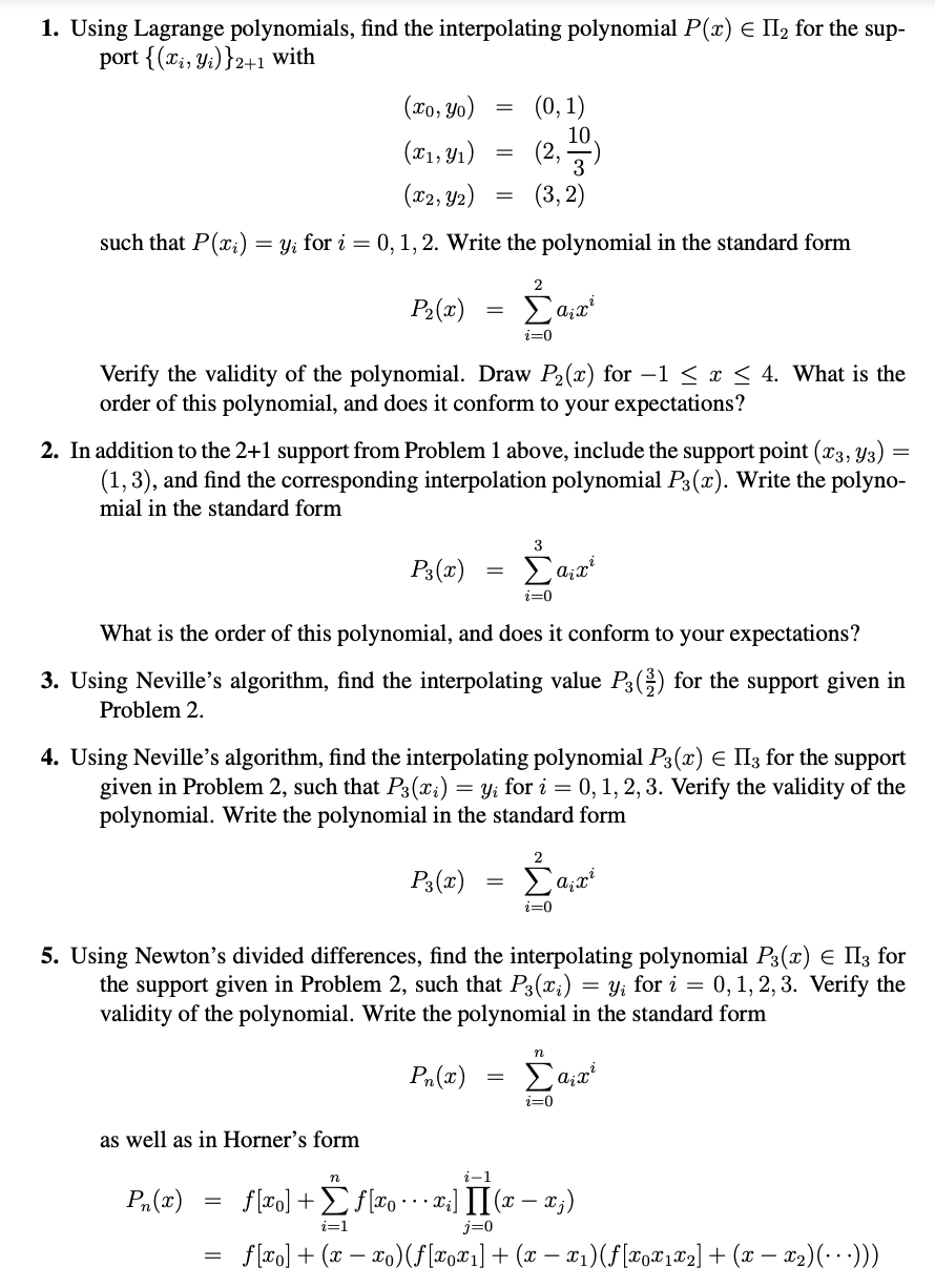 1. Using Lagrange polynomials, find the interpolating | Chegg.com