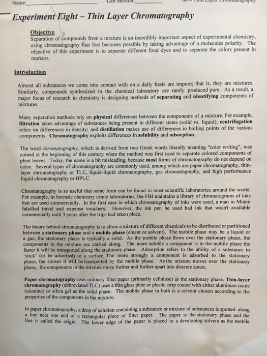 Name Experiment Eight Thin Layer Chromatography | Chegg.com