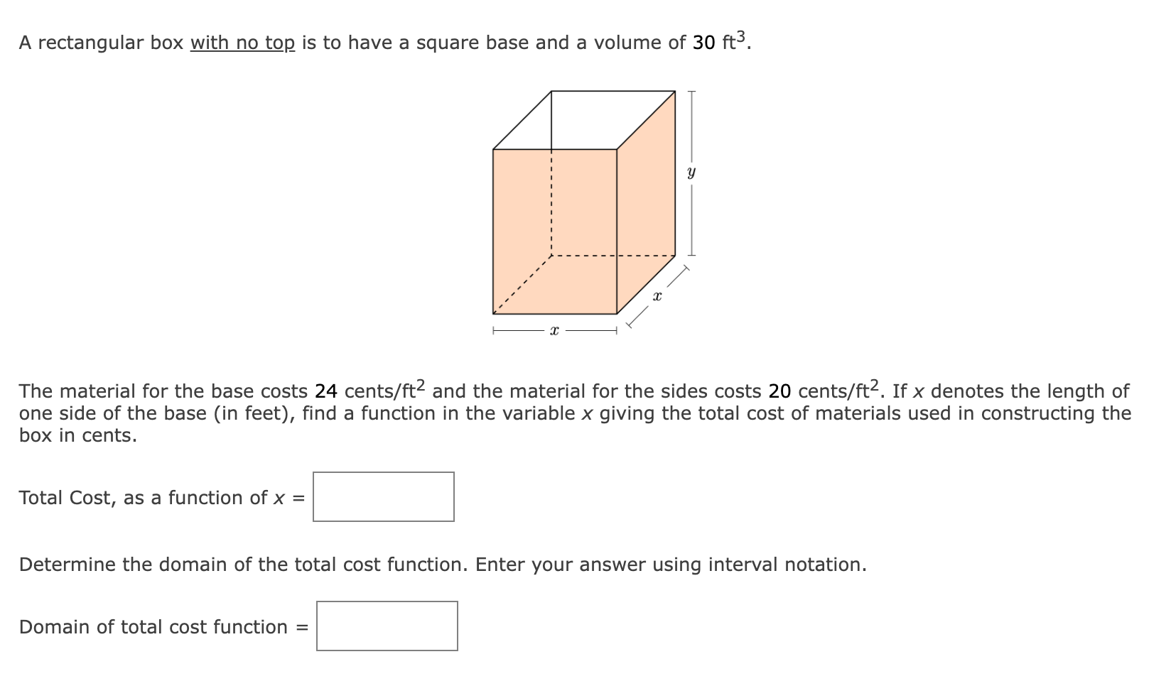 Solved A rectangular box with no top is to have a square | Chegg.com