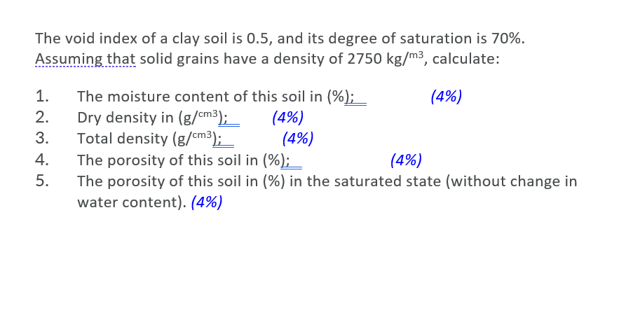 Solved The void index of a clay soil is 0.5, and its degree | Chegg.com