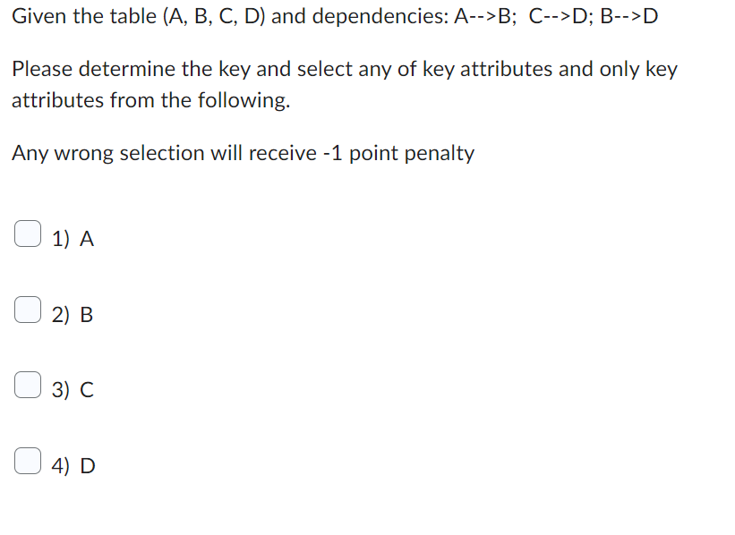 Solved Given the table (A, B, C, D) and dependencies: A >; ; | Chegg.com