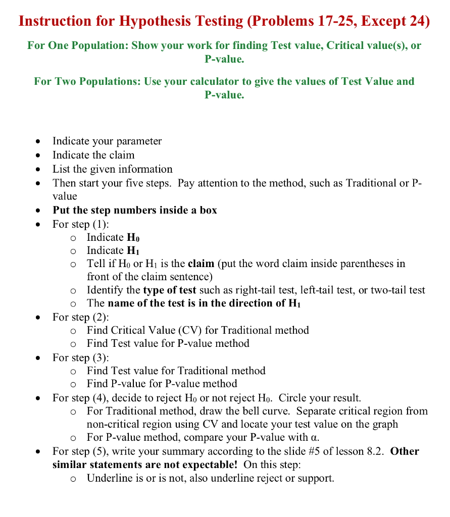 Solved Instruction for Hypothesis Testing (Problems 17-25, | Chegg.com