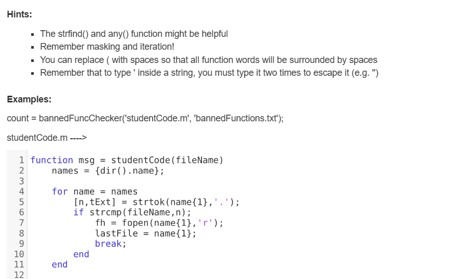 Solved Function name: bannedFuncChecker Inputs (2): - (char) | Chegg.com